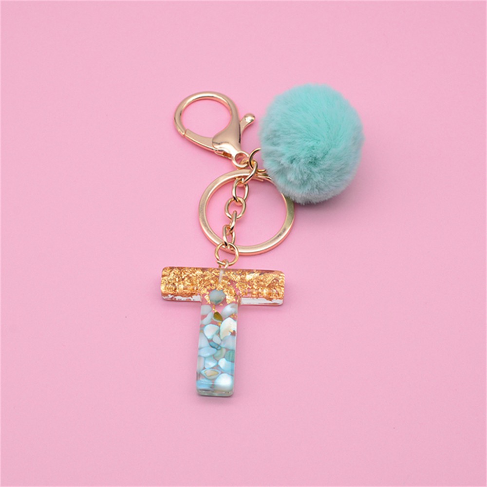 Charms Lindo Llavero Verde Pompón Bola De Piel De 26 Letras De Resina ...