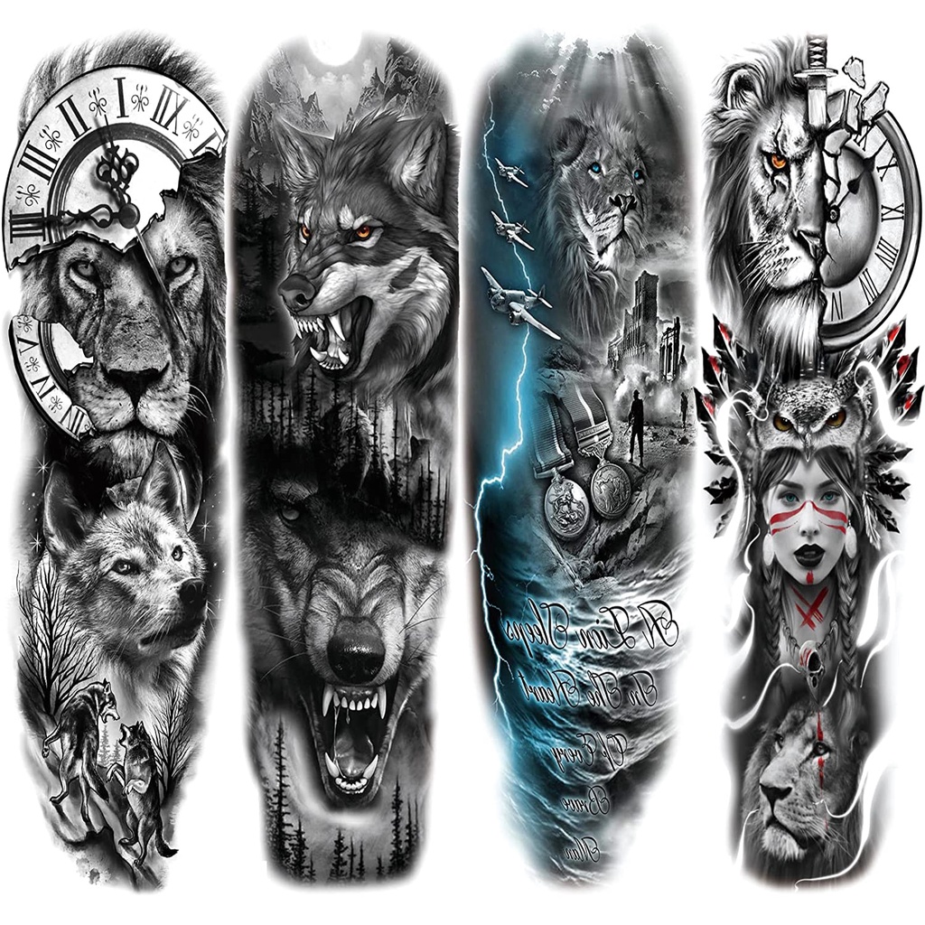 Briyhose León Lobo Temporal Tatuaje Manga Grande Brazo Completo Animal ...