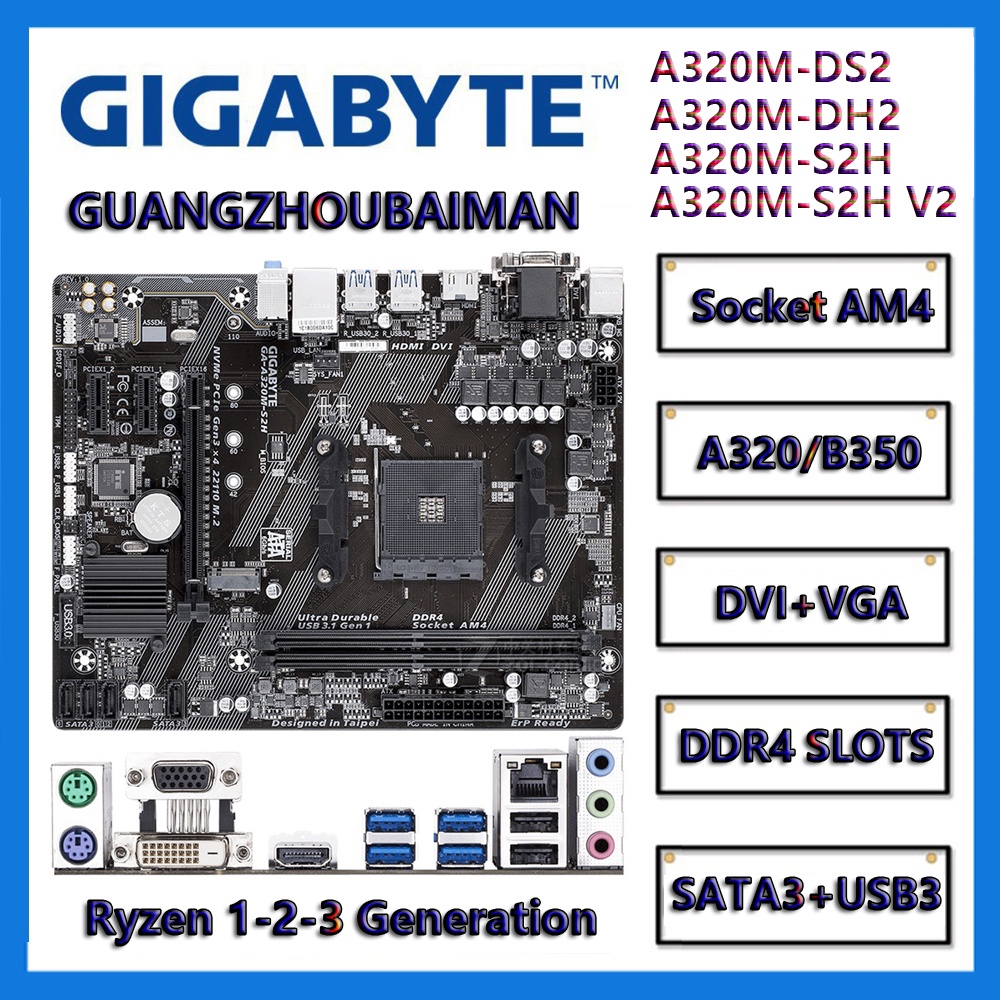 Gigabyte A320M-DH2 DS2 S2H AMD A320 Y V2 B350 USB3.0 SATA3 Micro ATX ...