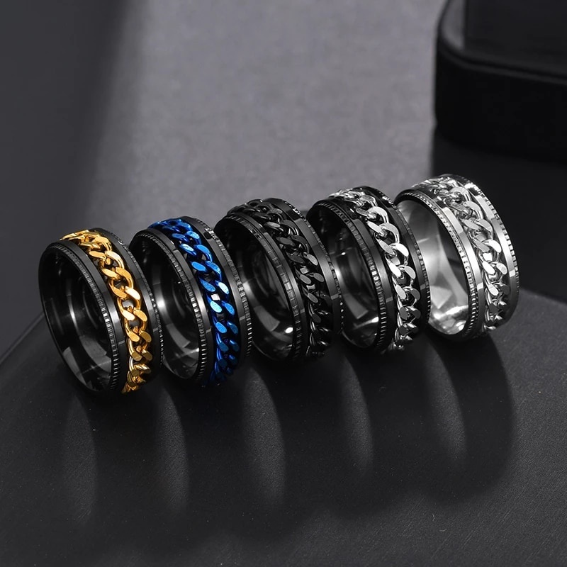Anillos giratorios para ansiedad para hombre, anillo giratorio de titanio con cadena de acero ...