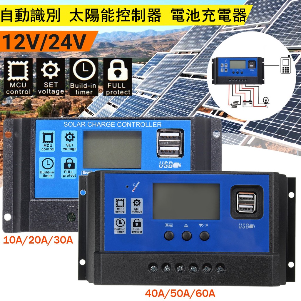 Controlador De Cargador Solar Dual USB PWM 12V/24V 10A 20A 30A 40A 50A 60A 100A Regulador ...