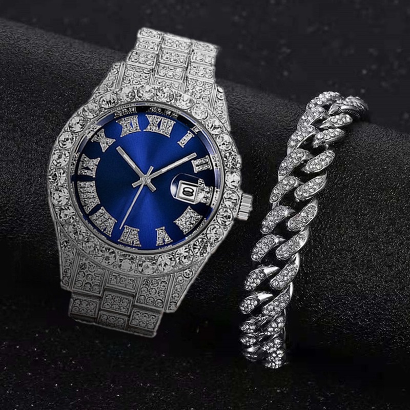 Iced Out Reloj Para Hombres Cadena Cubana Pulsera Con Kit De Hip Hop De ...
