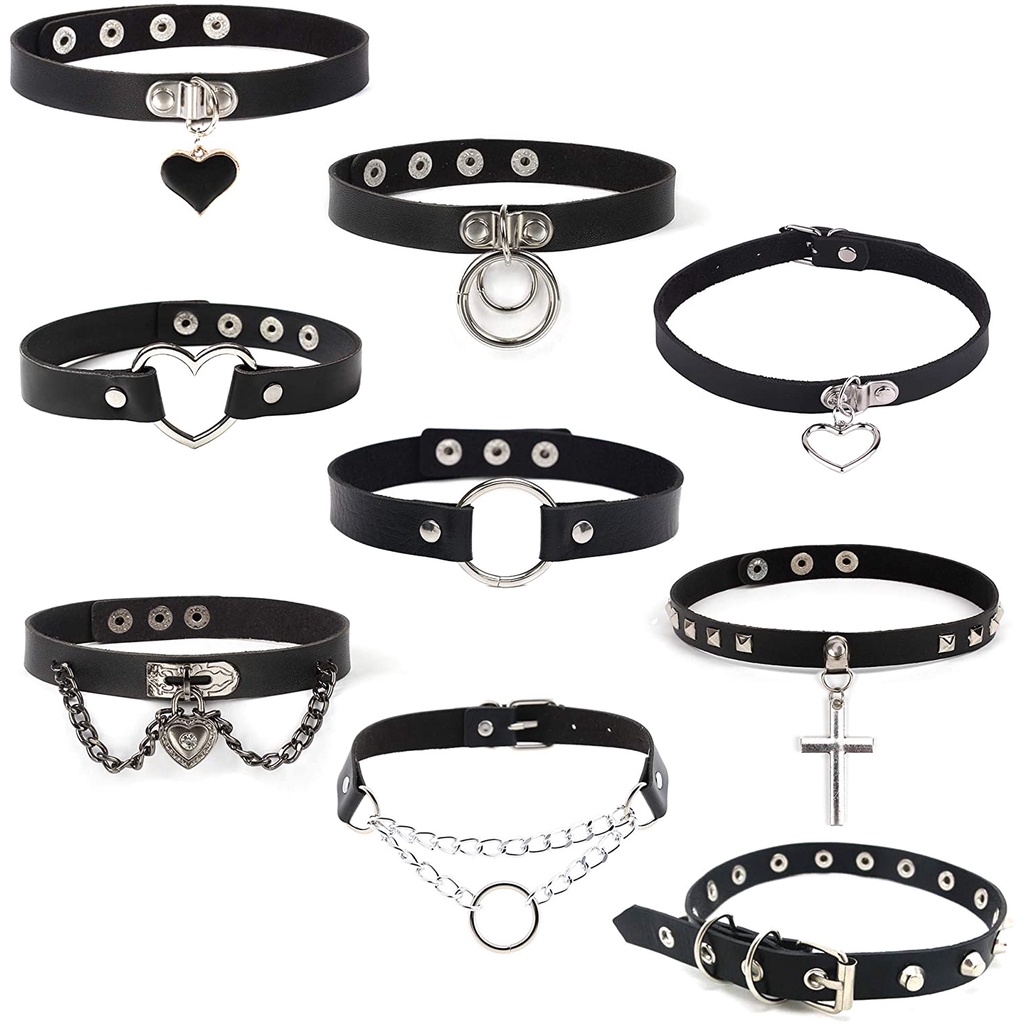 Gótico Negro Cuero Gargantilla Collares Para Las Mujeres Remache Rock ...