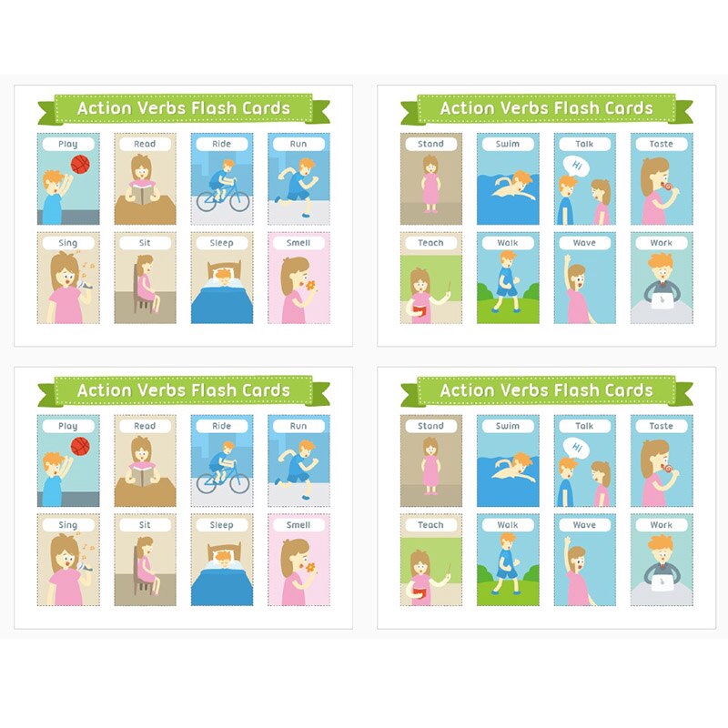 4 Unids Set Inglés Acción Verbos Palabra Tarjetas A4 Flash Tarjeta ...