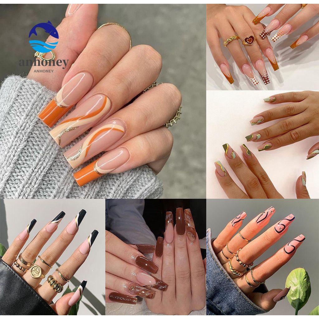 Anhoney 24pcs Box Press On Nails Wearable Detachable Fake Nails Coffin