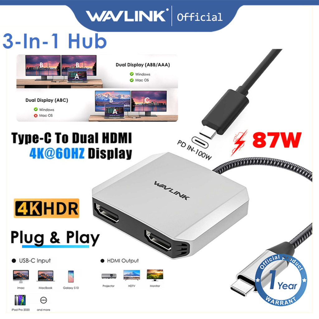 Wavlink USB-C A Dual 4k HDMI MST Adaptador Thunderbolt Con PD 87W ...