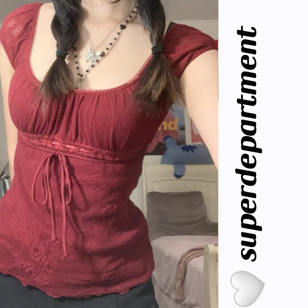 y2k Camiseta De Encaje De Corte Bajo Con Cordón Para Mujer Ropa De ...