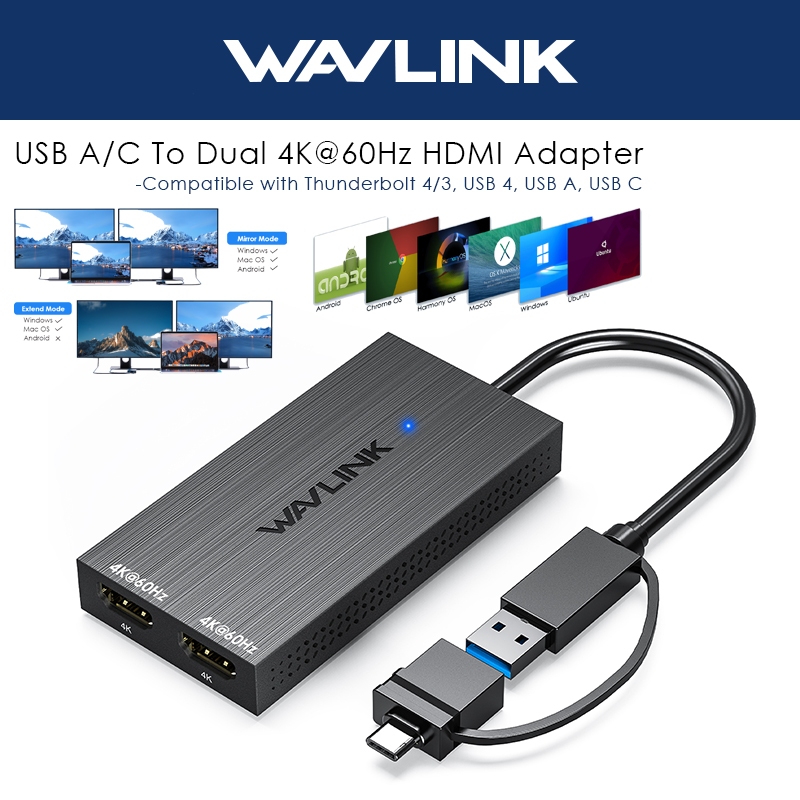 WAVLINK Adaptador USB A/C Doble HDMI DisplayLink Hub Convertidor Dual 4K @ 60Hz Para Windows Y ...