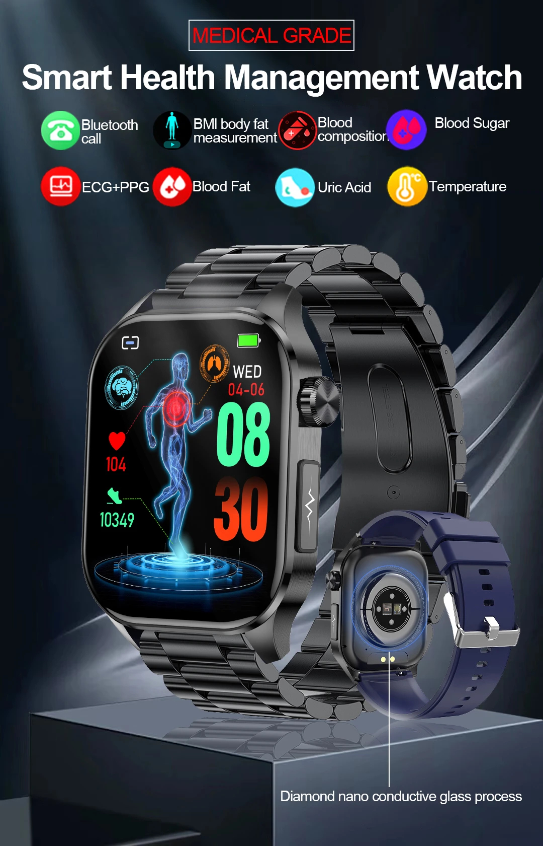 2025 Nuevo AI Diagnóstico Médico Smartwatch Monitor De Glucosa En ...