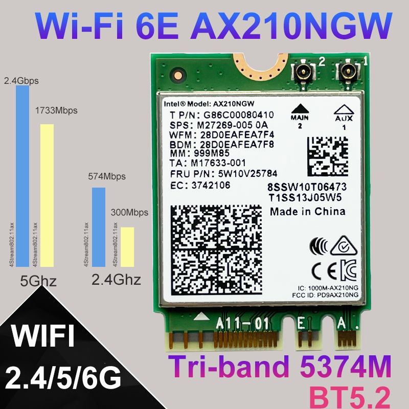 Tri Banda 5374Mbps Wifi 6E Intel AX210 M . 2 Tarjeta Inalámbrica Bluetooth 5.2 802.11ac/ax ...