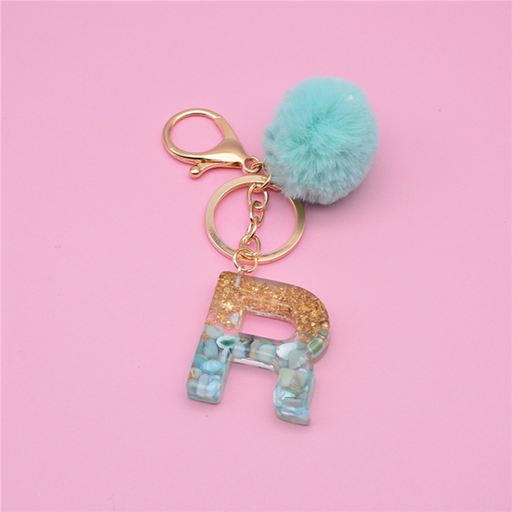 Charms Lindo Llavero Verde Pompón Bola De Piel De 26 Letras De Resina ...