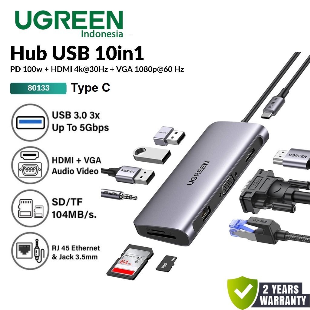Ugreen 15601 HUB Tipo C 10 En 1 Convertidor A HDMI 4K VGA RJ45 Ethernet LAN 3.5mm Audio 3 ...