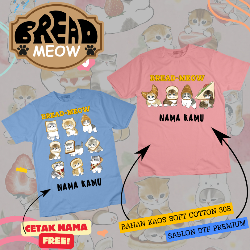 BREAD MEOW Camiseta Para Niños Impresión De Nombre Libre | Zaskids Lindo Gato De Dibujos ...
