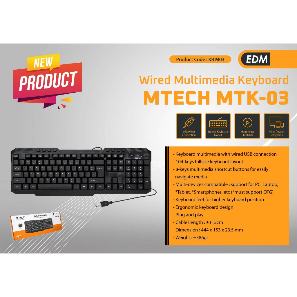 M-Tech Teclado Original MTK-03 Multimedia Con Cable Tamaño Completo ...