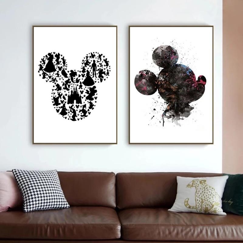 Disney Blanco Y Negro Abstracto Arte De La Pared Mickey Y Minnie Cabeza ...
