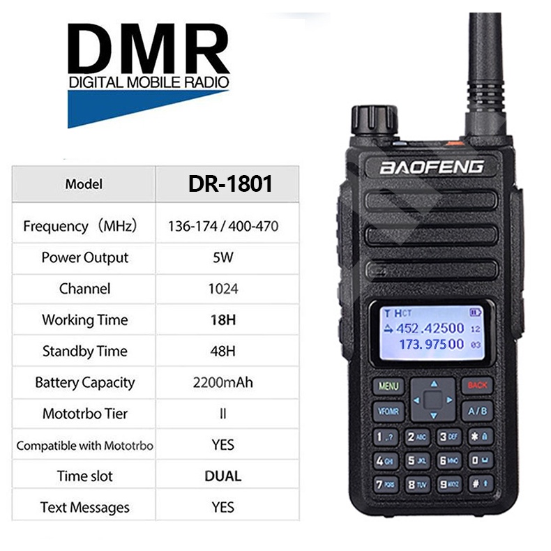 Baofeng DR-1801UV Walkie Talkie Digital VHF/UHF Doble Banda DMR Tier1 Tier2 Tier II Ranura De ...