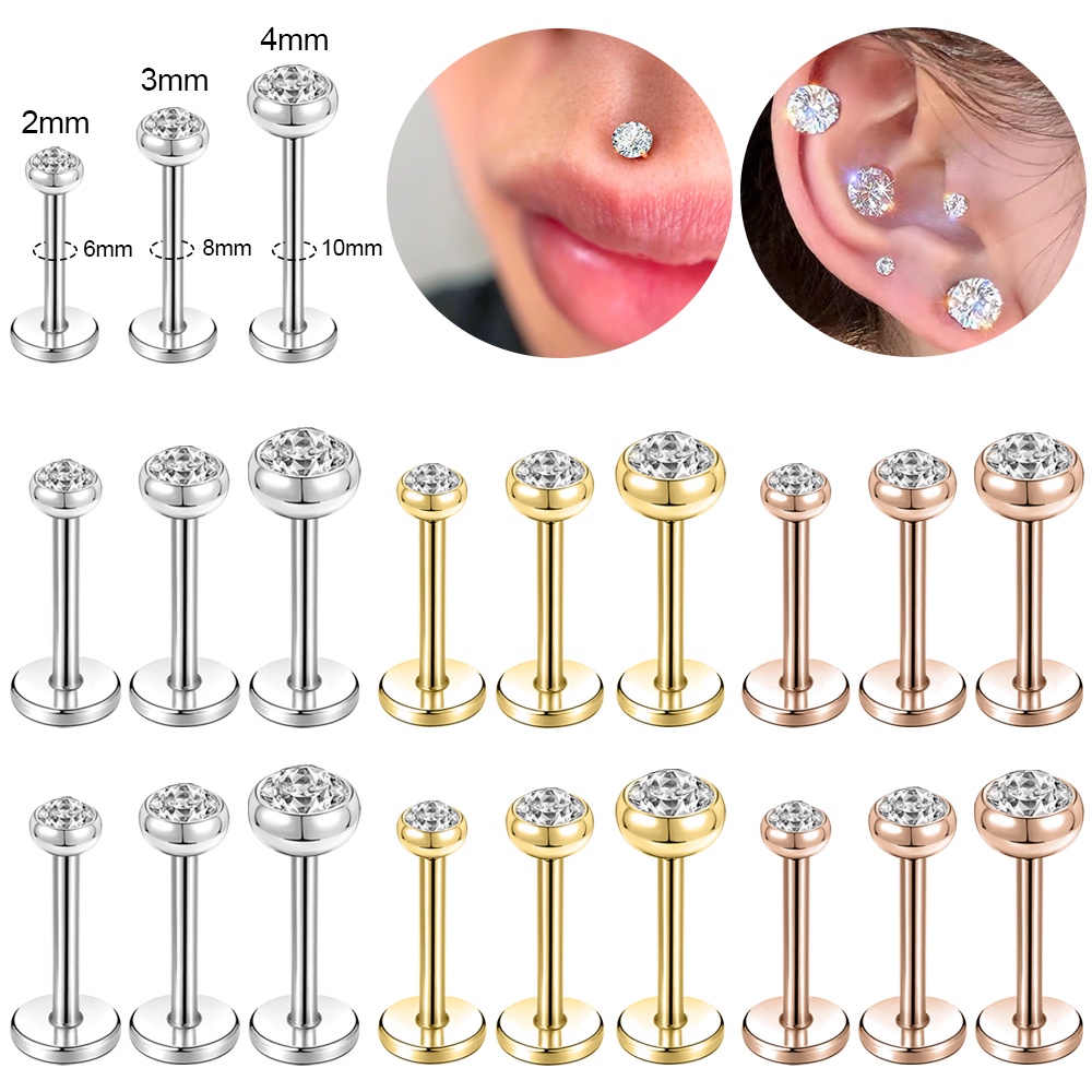 1 Pieza 2/3/4mm Cristal Acero Inoxidable Labret Piercing Color Oro ...