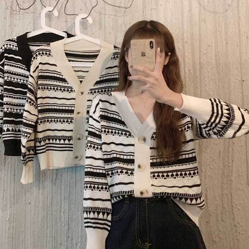 Retro Cuello En V A Rayas Suéter De Las Mujeres Otoño 2022 Diseño ...