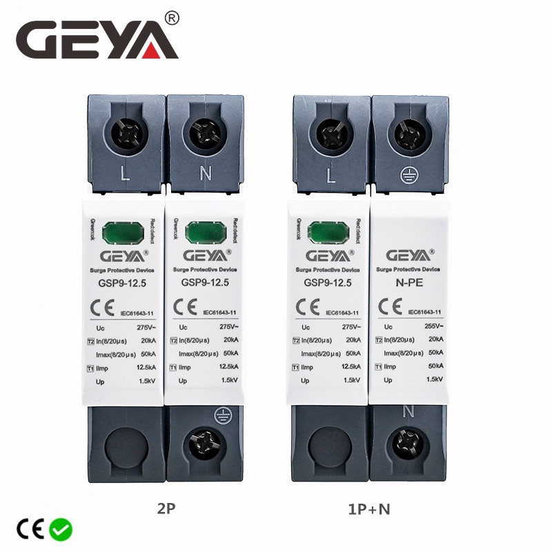 GEYA GSP9 12.5KA T1 + T2 Clase 50KA SPD 2P 1P + N Protector De Sobretensiones 275VAC Din Rail ...