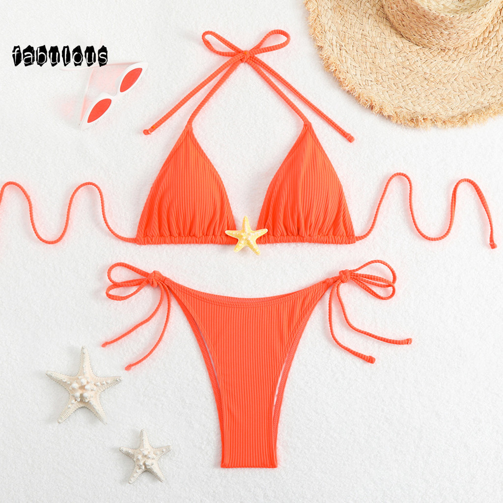 Seaside Themed Swimwear Two-piece Halter Neck Bikini Sexy Starfish Set for Beach Vacation String ...