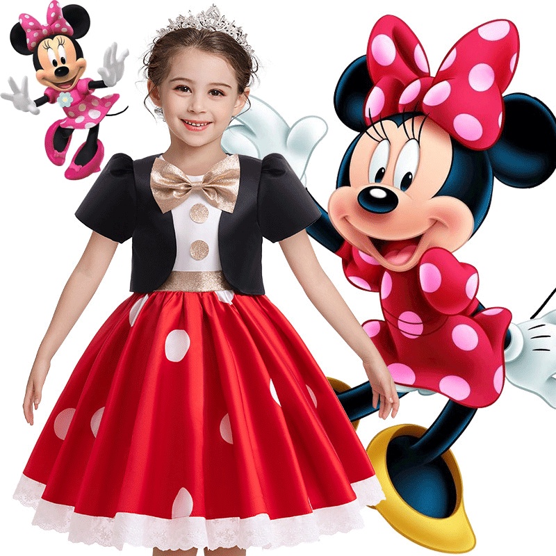 Vestido De Moda Para Niños Niña 2-13 Años Minnie Mouse Pajarita Lunares ...