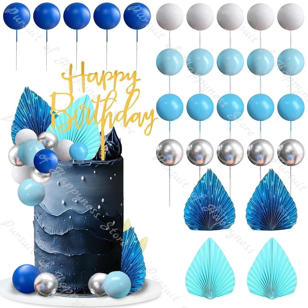 29pcs Azul Cake Toppers Bolas De Plata Hojas De Palma Topper Decoración ...