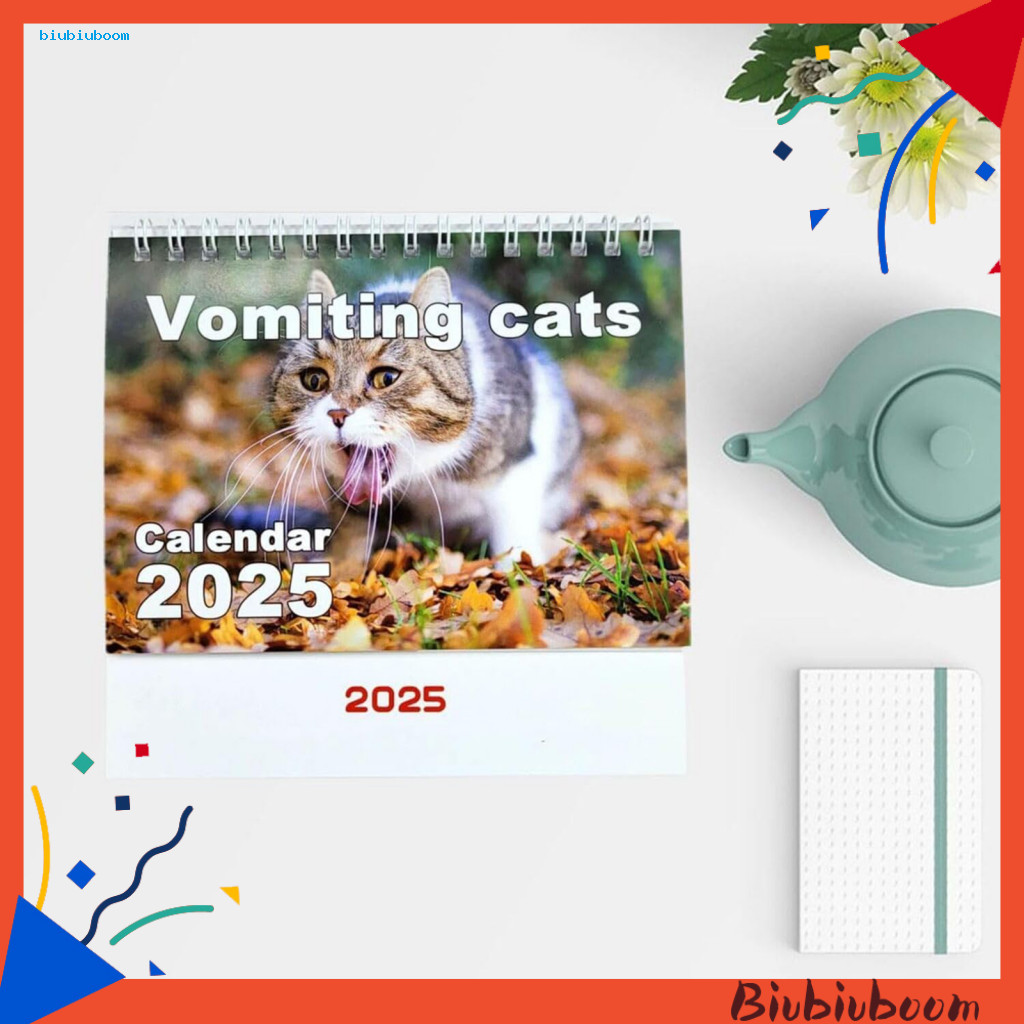Humorous Desk Accessory 2025 Calendar Vomiting Cat Spiral-bound Desktop ...