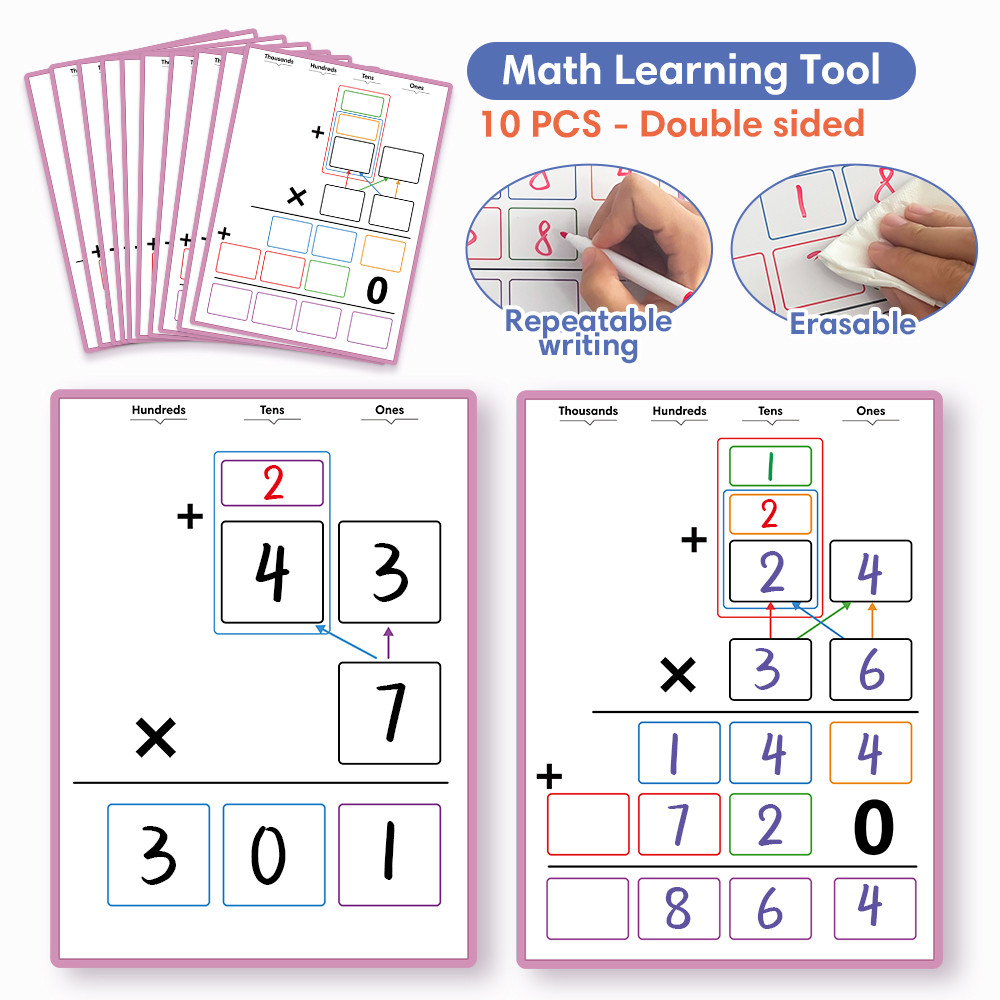 10 Hojas De Doble Cara Reescribible Niños Matemáticas Multiplicación ...