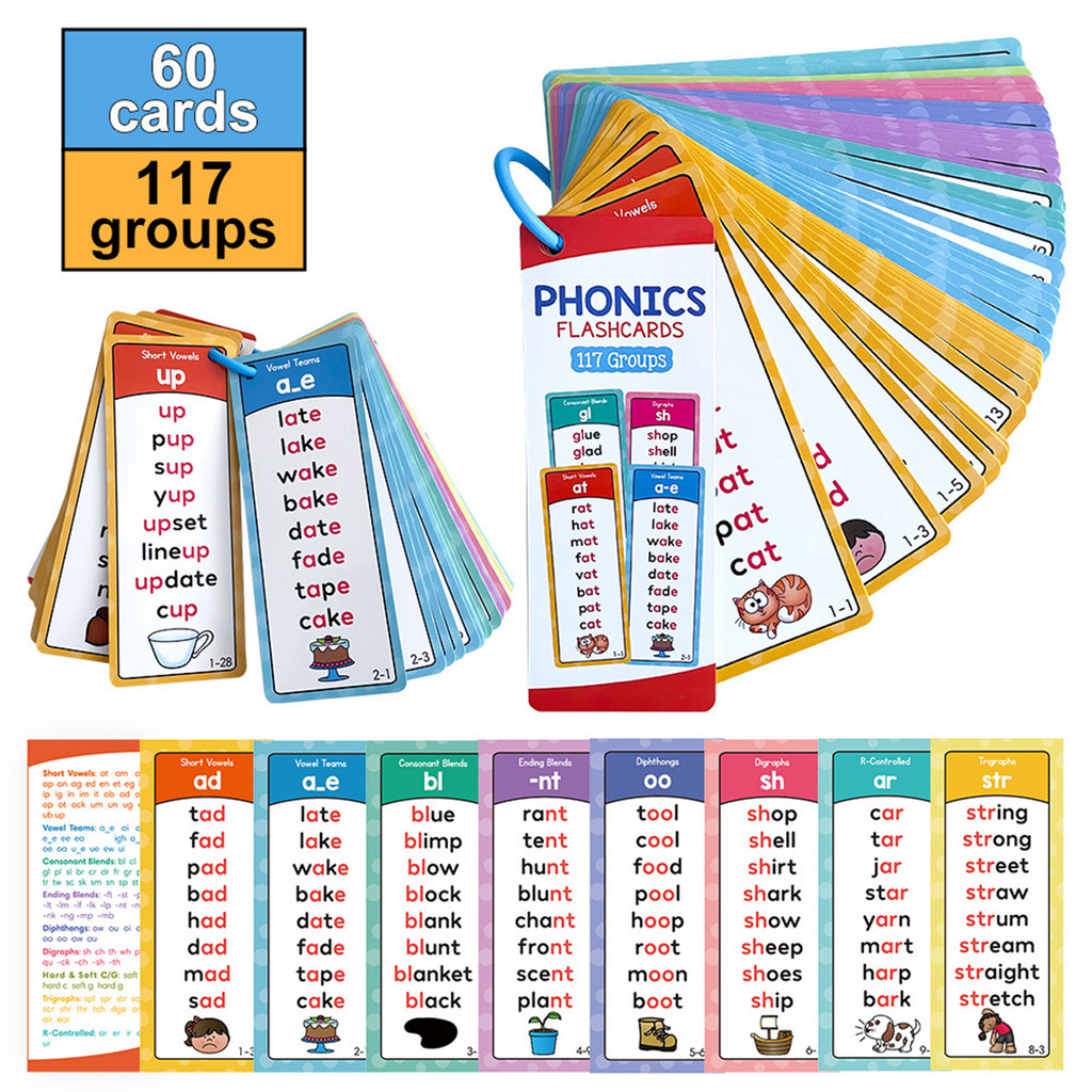 60PCS Phonics Flash Cards Corto/Largo Vocales Y Mezclas Consonantes ...