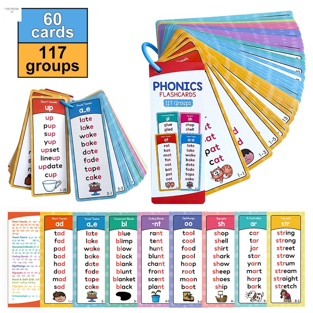 60PCS Phonics Flash Cards Corto/Largo Vocales Y Mezclas Consonantes ...