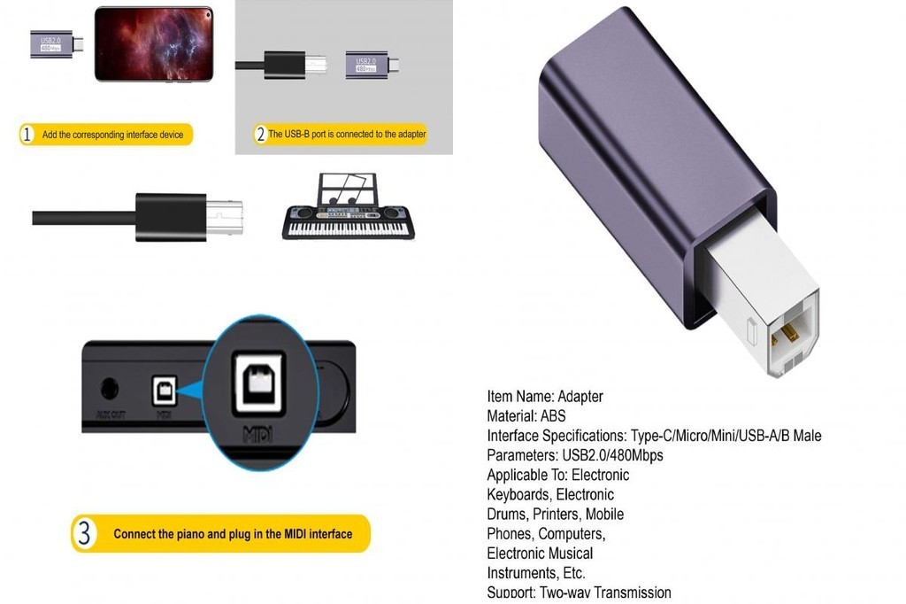 Usb Electronic Drum Adapter Usb2.0 Male to Usb-b Female for Phone Computer Printer Fast Data ...