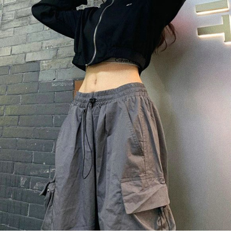 Vintage Bolsillos Cargo Pantalones Cordón Cintura Alta Streetwear